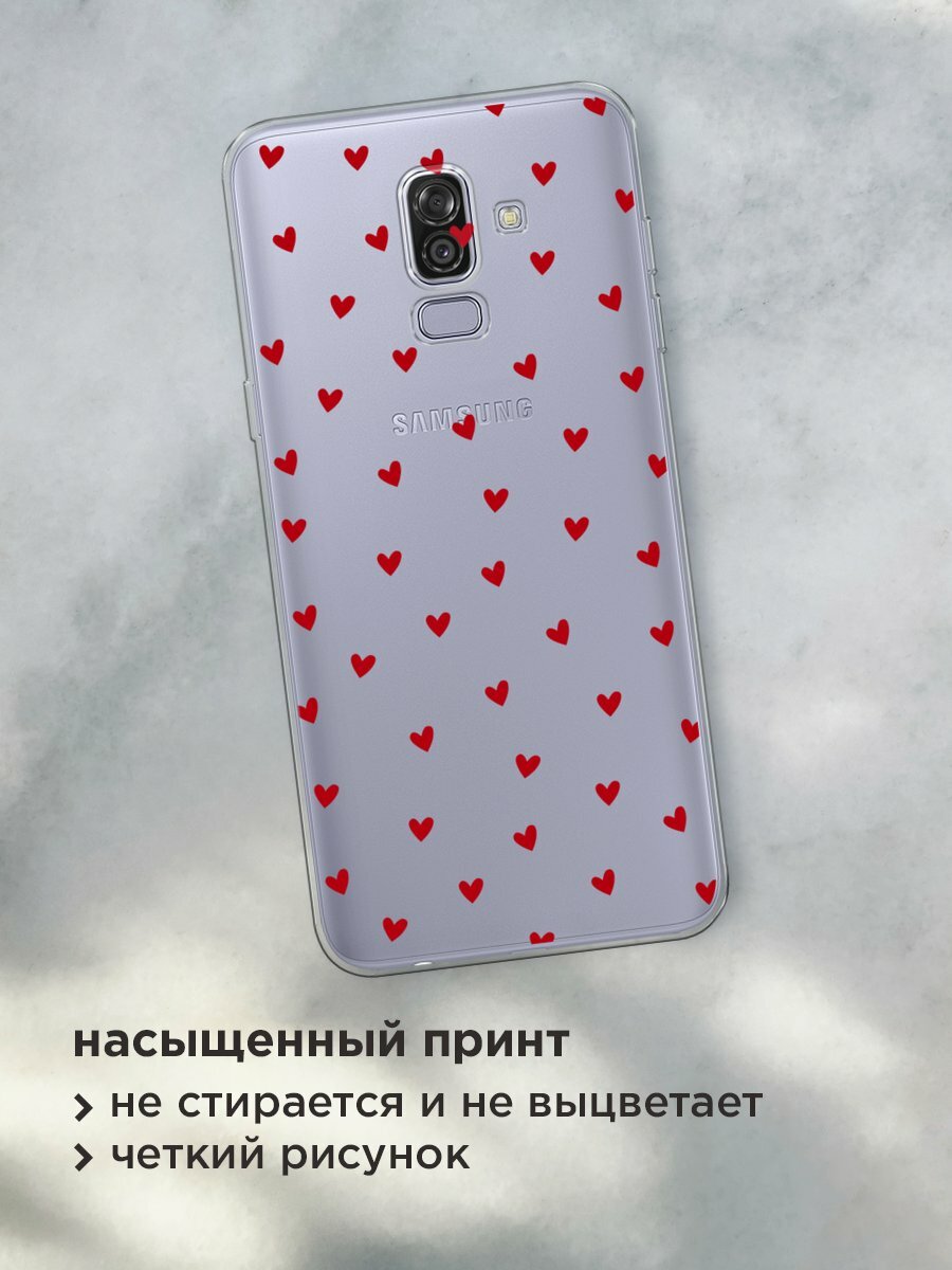 Чехол на Samsung Galaxy J8 / Самсунг Галакси Джей 8 с принтом "Red hearts", прозрачный — фото 1