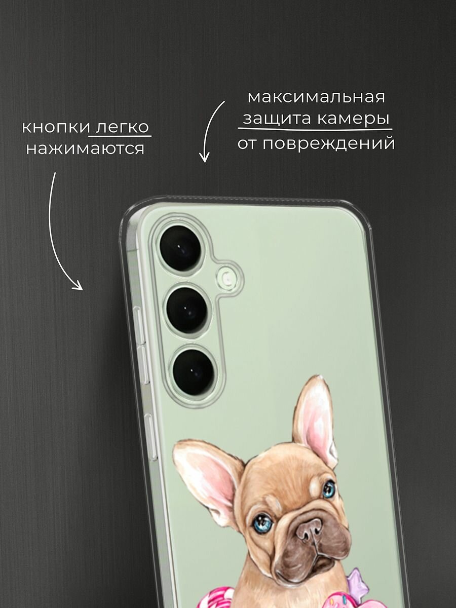 Чехол на Samsung Galaxy S25 Plus / Самсунг S25 Плюс с принтом "Бульдог и сладости", прозрачный — фото 1