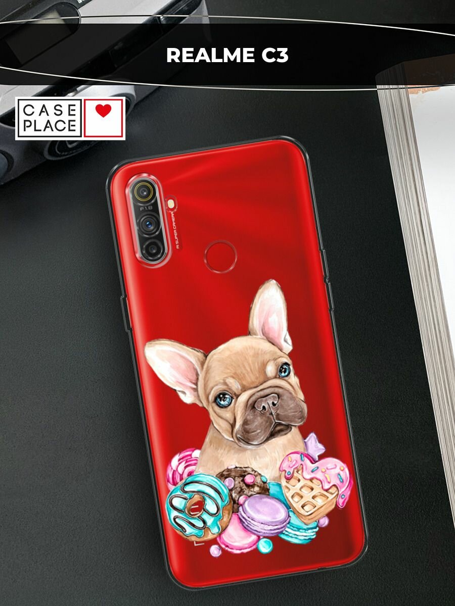 Чехол на Realme C3 / Реалми C3 с принтом "Бульдог и сладости", прозрачный