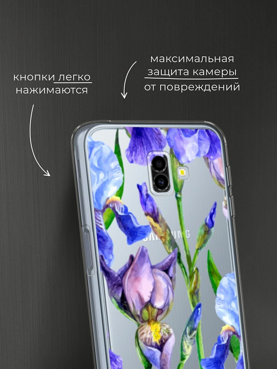 Чехол на Samsung Galaxy J6 + / Самсунг Галакси J6 Плюс 2018 с принтом "Синие ирисы", прозрачный — фото 1