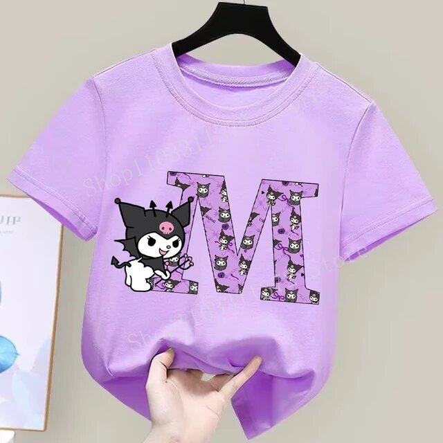 Детская футболка Sanrio Kuromi с милым мультяшным принтом в виде букв AZ и аниме, модная одежда для девочек, топы из хлопка с короткими рукавами для малышей, Размер:130