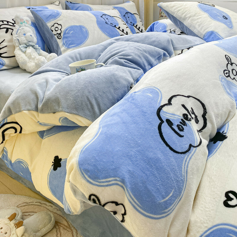 Комплект постельного белья из зимнего молочного флиса (4 предмета), простыня из утолщенного кораллового флиса, пододеяльник, комплект постельного белья из 3 предметов из двухстороннего флиса с бортиками,150*200cm