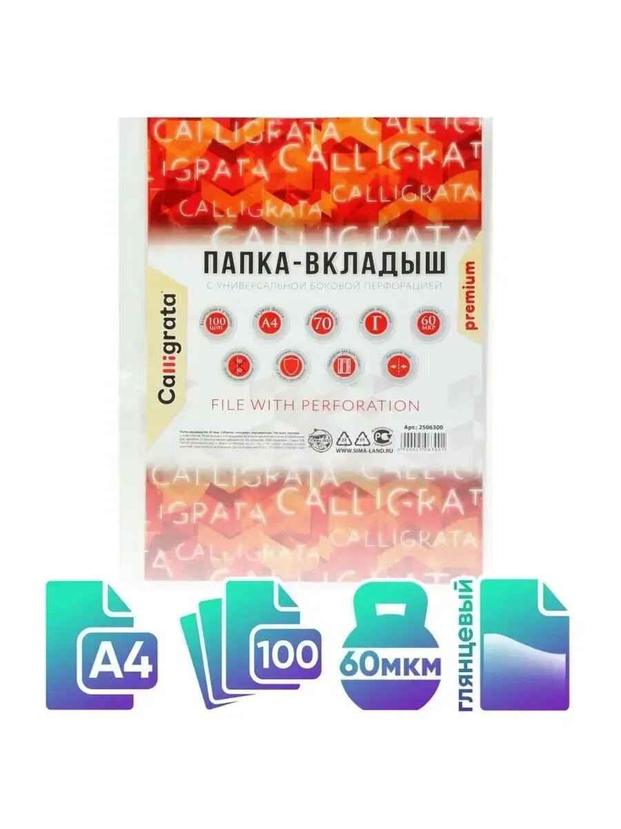 Файл А4 вкладыш для папки, глянцевый, 100 штук