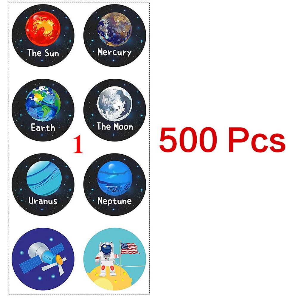500 наклеек космос: Солнце, Земля, Луна, планеты, 2.5см
