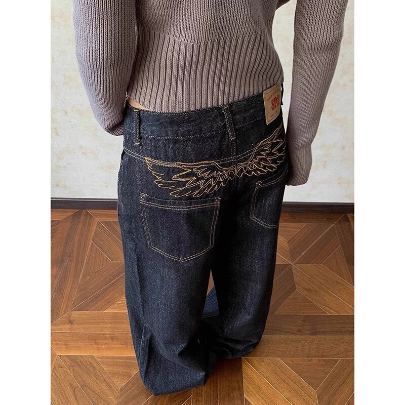 MON Женские джинсы Чистый цвет Шикарное вышитое японское низкое пояс 2000-х киберпанк гранж, Размер_S