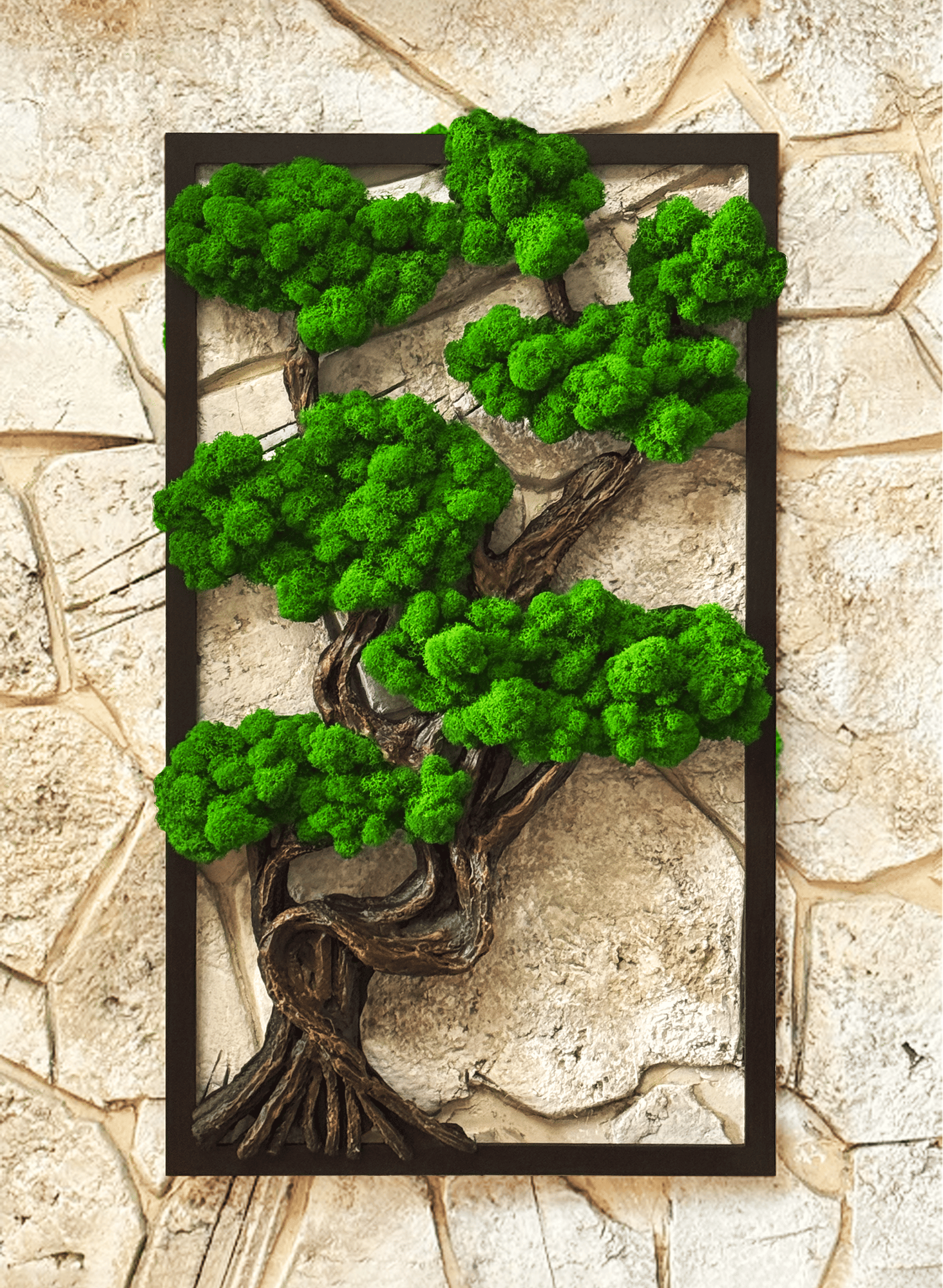 Декоративное прямоугольное панно на стену дерево Бонсай-Мойоги из стабилизированного мха (Зеленое яблоко)