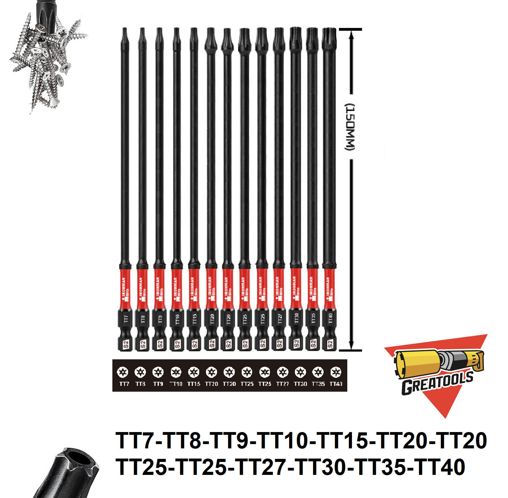Набор Impact бит TORX с отверстием T7-T40мм удлиненных l-150мм, 13 шт