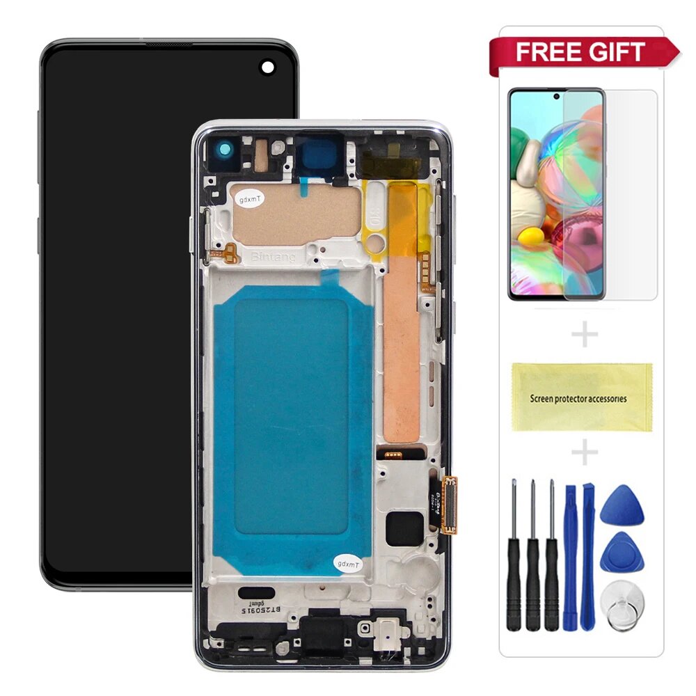 Экран с рамкой для Samsung Galaxy S10 Plus S10+ G975 G975F ЖК-дисплей Цифровой сенсорный экран для Samsung Galaxy S10 в сборе S10 Silver Frame