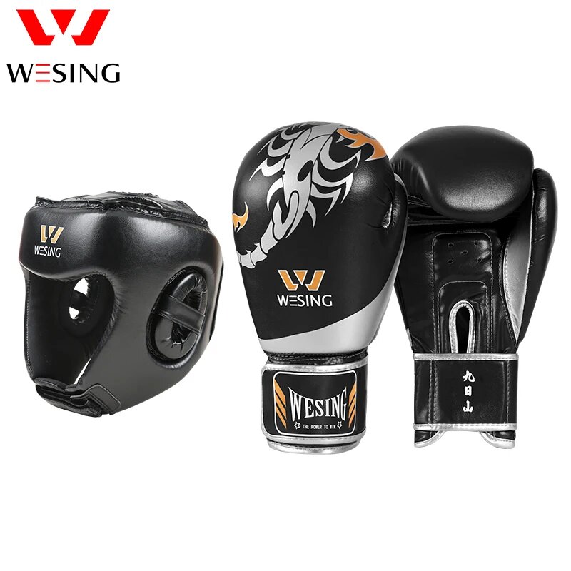 Боксерские перчатки и шлем Wesing, черные, размер M