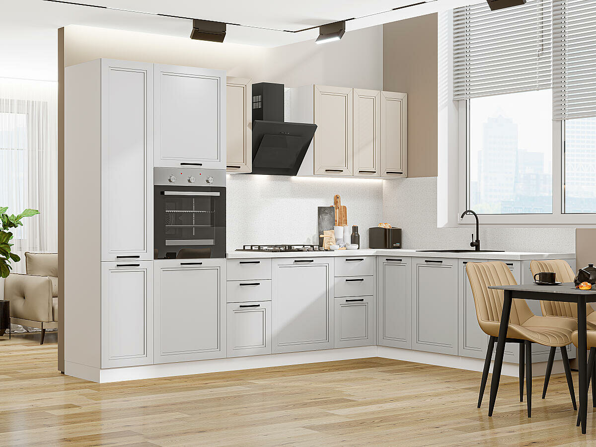 Кухонный гарнитур угловой кухня Нео-03 2140*3000-2100*600 Cream Silk-Grey Silk