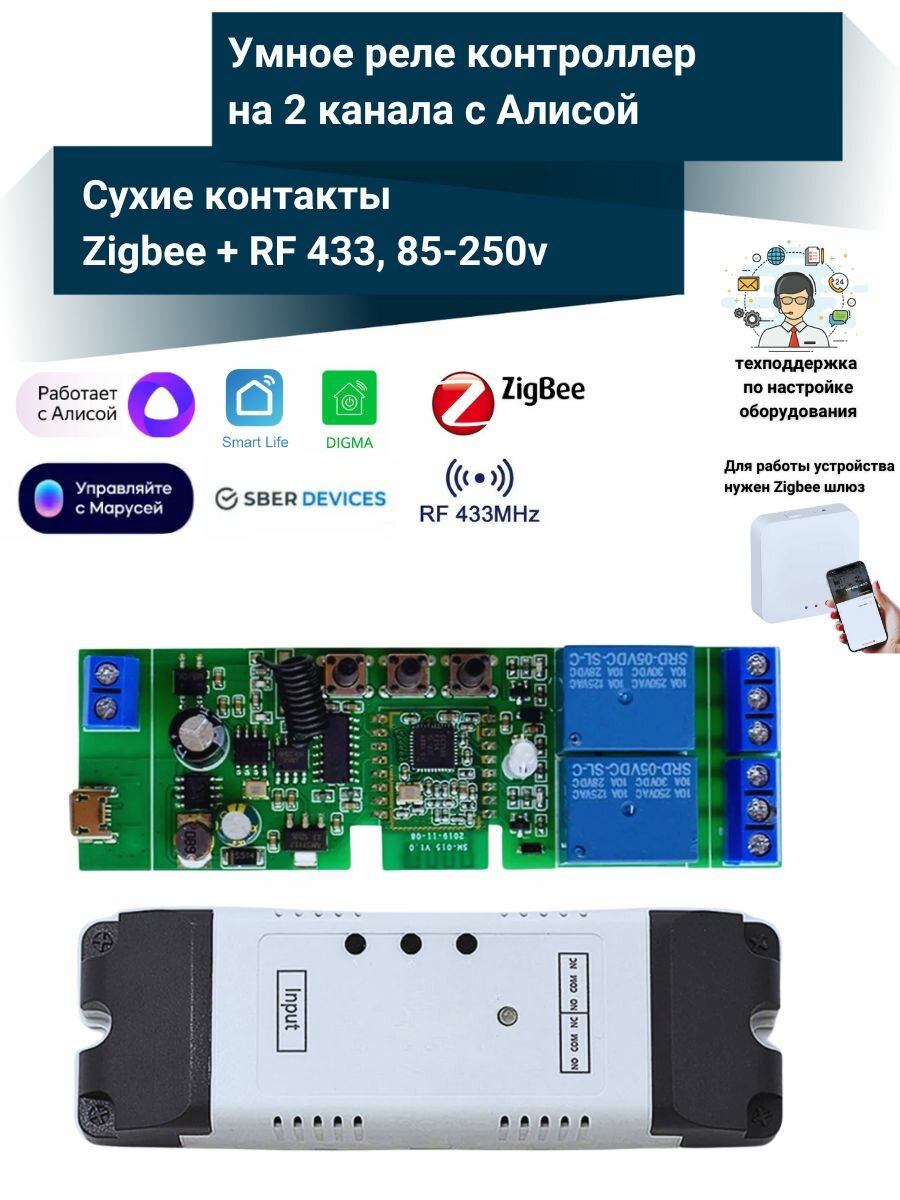 Умное реле с Алисой на 2 канала 220В, (Tuya Zigbee + RF 433 МГц)