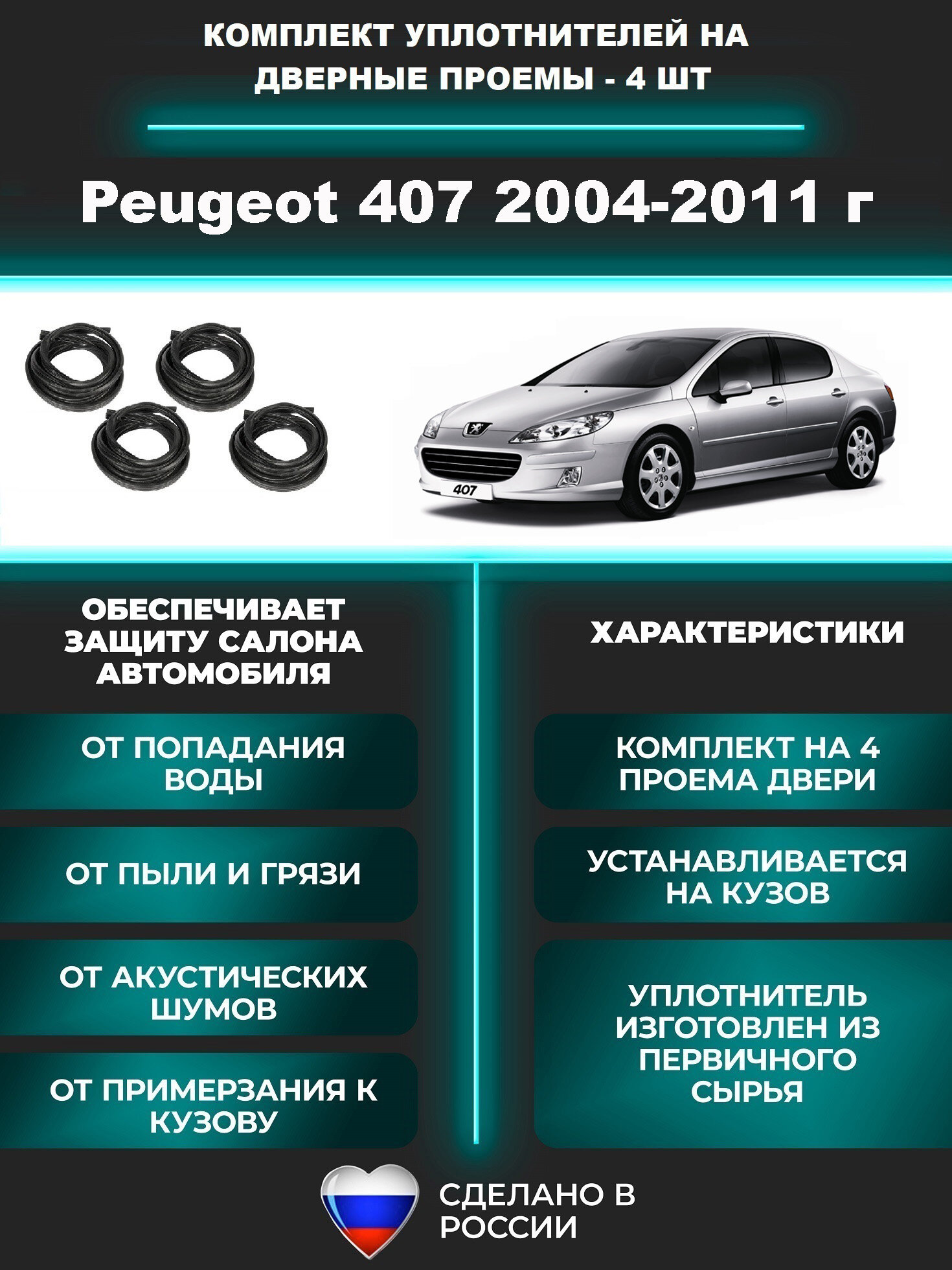 Комплект уплотнителей проемов дверей для Peugeot 407 2004-2011 г, Пежо 407 (на 4 дверных проема - 2 передних и 2 задних)