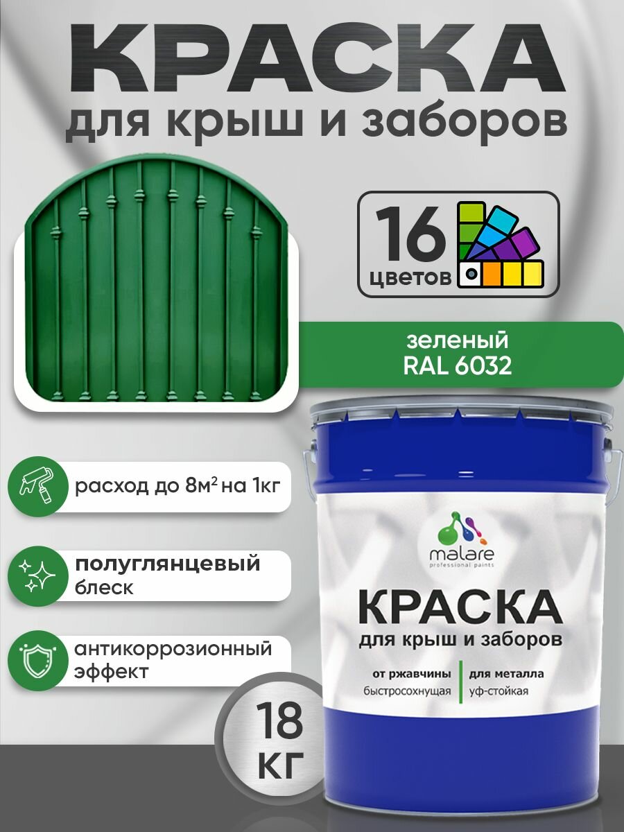 Краска по металлу Malare для крыш и заборов по ржавчине, для наружных работ, быстросохнущая износостойкая RAL 6032 зеленый, глянцевая, 18 кг