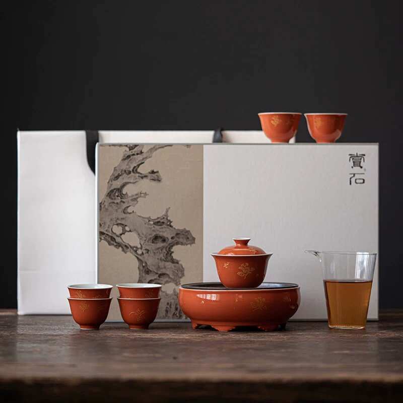 QinghuanКитайская алюминиевая красная глазурь, античная позолоченная крытая чаша, керамическая каменная чайная чаша,
