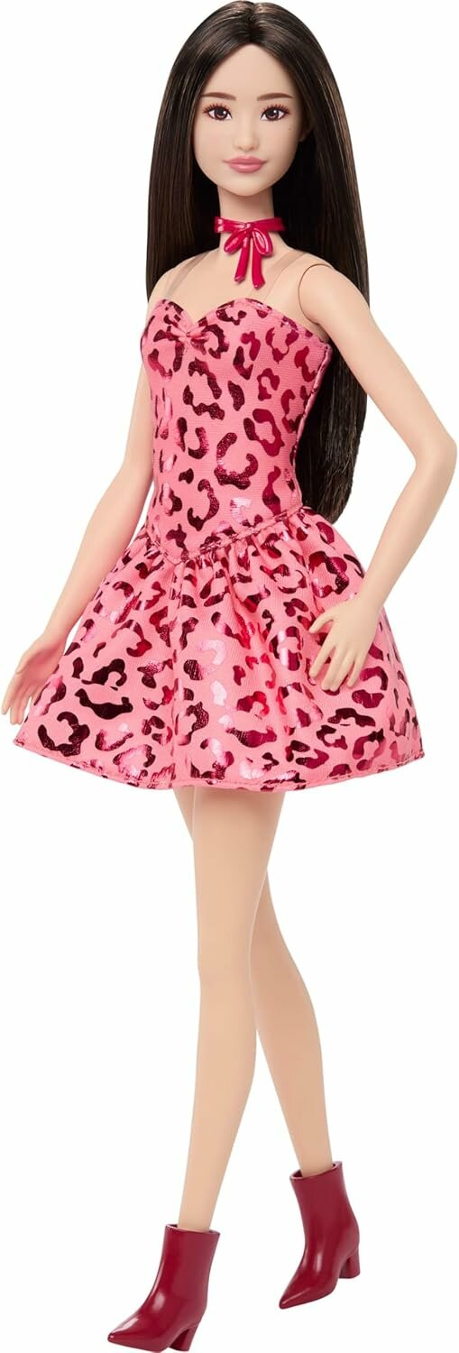 Кукла Mattel Barbie Fashionistas - Кукла в розовом платье с леопардовым принтом и с длинными чёрными волосами #246 - Барби JJN59