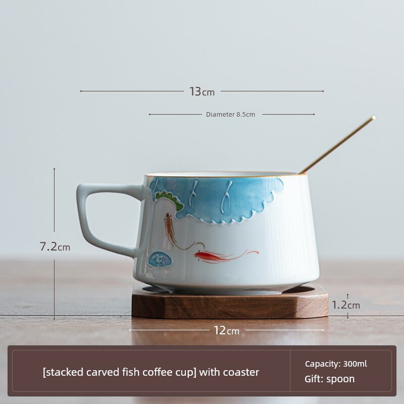Керамическая чашка для кофе Stone Soil Craft с рельефным рисунком, узор рыбки в игре, в комплекте подстаканник
