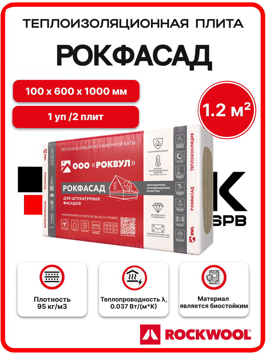 ROCKWOOL рокфасад 100 мм (1 уп. / 1,2 м2 / 2 шт) минеральная вата, утеплитель для стен, фасадов, балконов