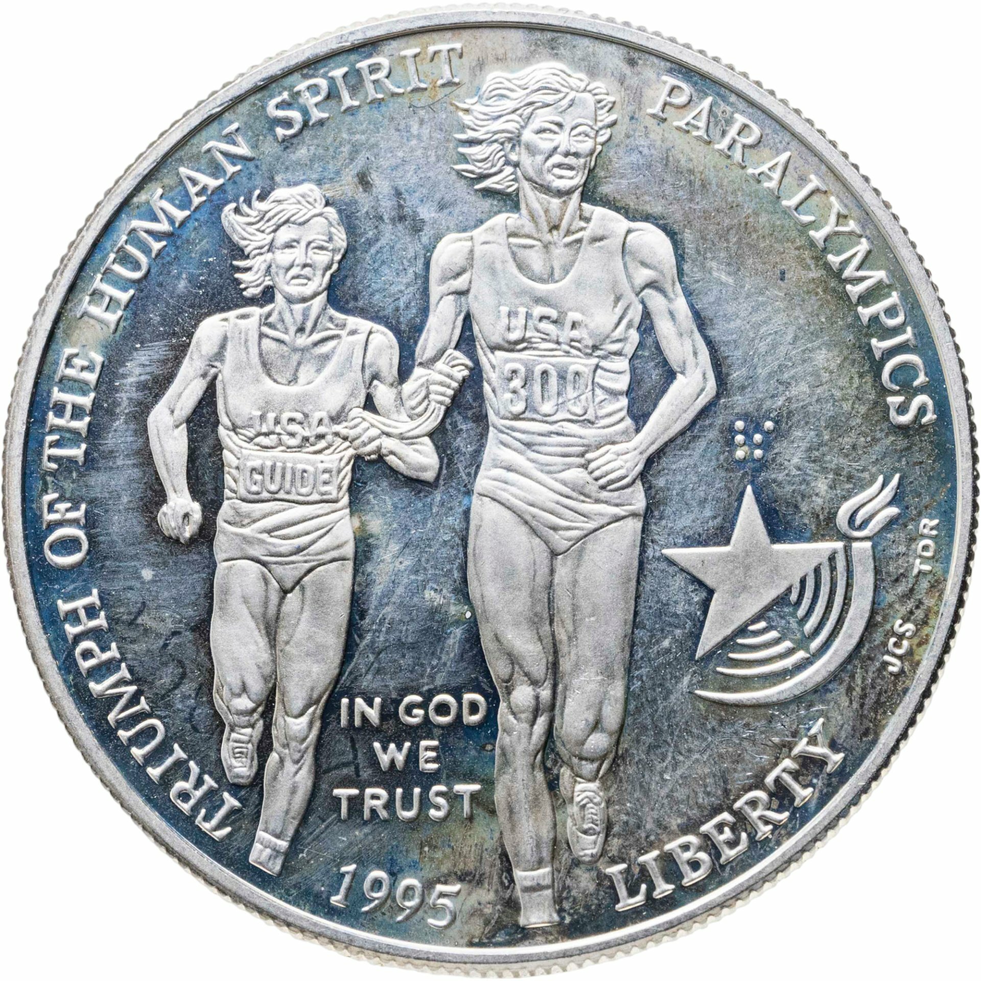 США 1 доллар 1995 "XXVI летние Олимпийские Игры, Атланта 1996 - Бег, Паралимпийские игры", Серебро 900, в сохранности Proof