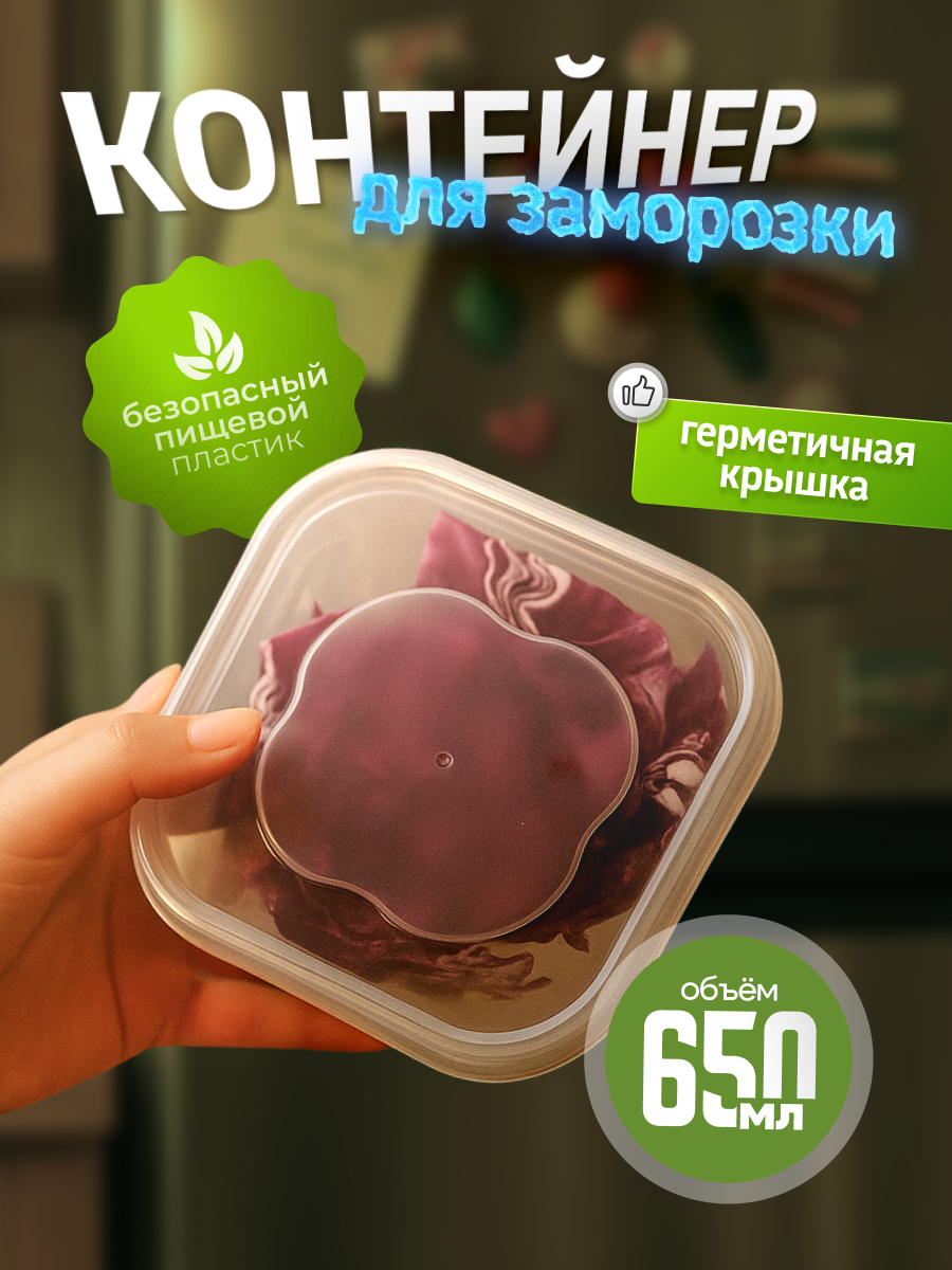 Контейнер с крышкой пищевой для хранения и заморозки продуктов, лоток для еды в СВЧ и посудомойку прозрачный, 650 мл.