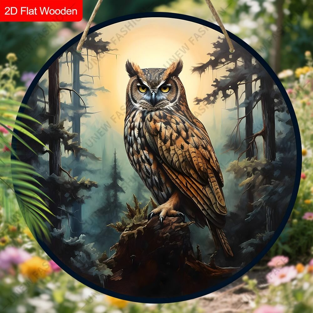 Деревянные декоративные таблички, подвесные украшения на стены и двери, украшения из серии "животные", Узор - лес и сова, Плоские 2D-изделия