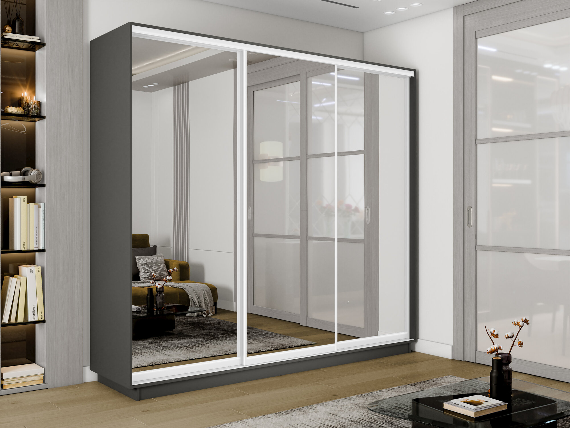 Шкаф купе Вилли 3-х дверный ЛДСП, зеркальные двери, профиль белый 180 см х 220 см х 45 см (Серый диамант)