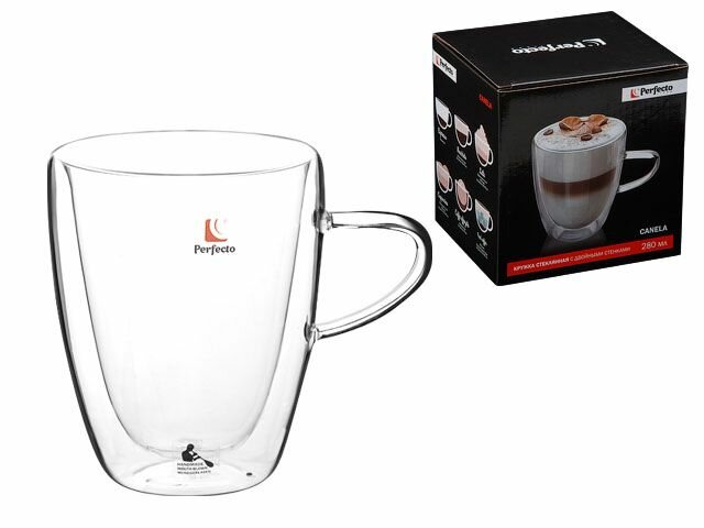 Кружка стеклянная с двойными стенками, 280 мл, серия CANELA, PERFECTO LINEA (Стеклянная кружка ручной работы из боросиликатного стекла) (30-007280)
