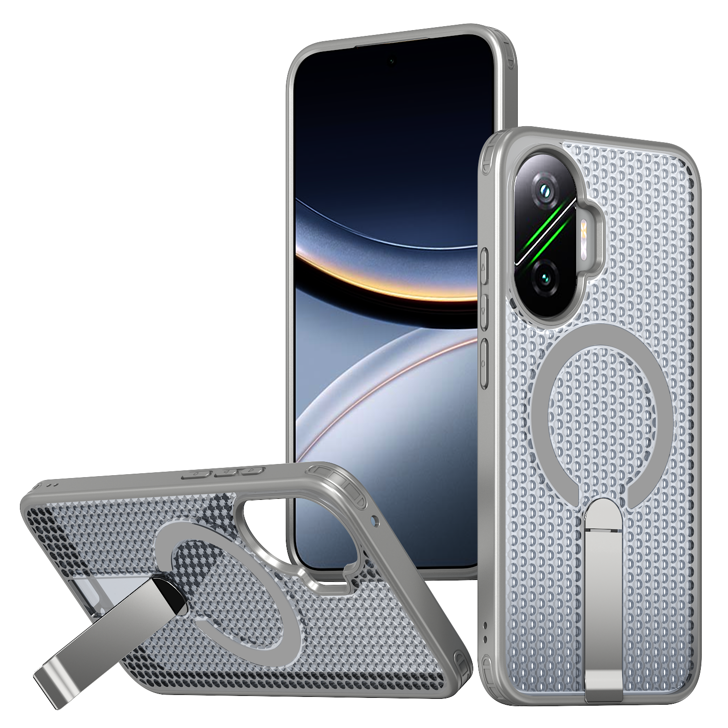 Чехол Для Poco F7 5G/Сяоми Поко F7 5G, soft touch, накладка, поликарбонат (PC), защита камеры, ударопрочный, встроенная подставка, усиленные углы, Xiaomi, Poco F7 5G, титан,