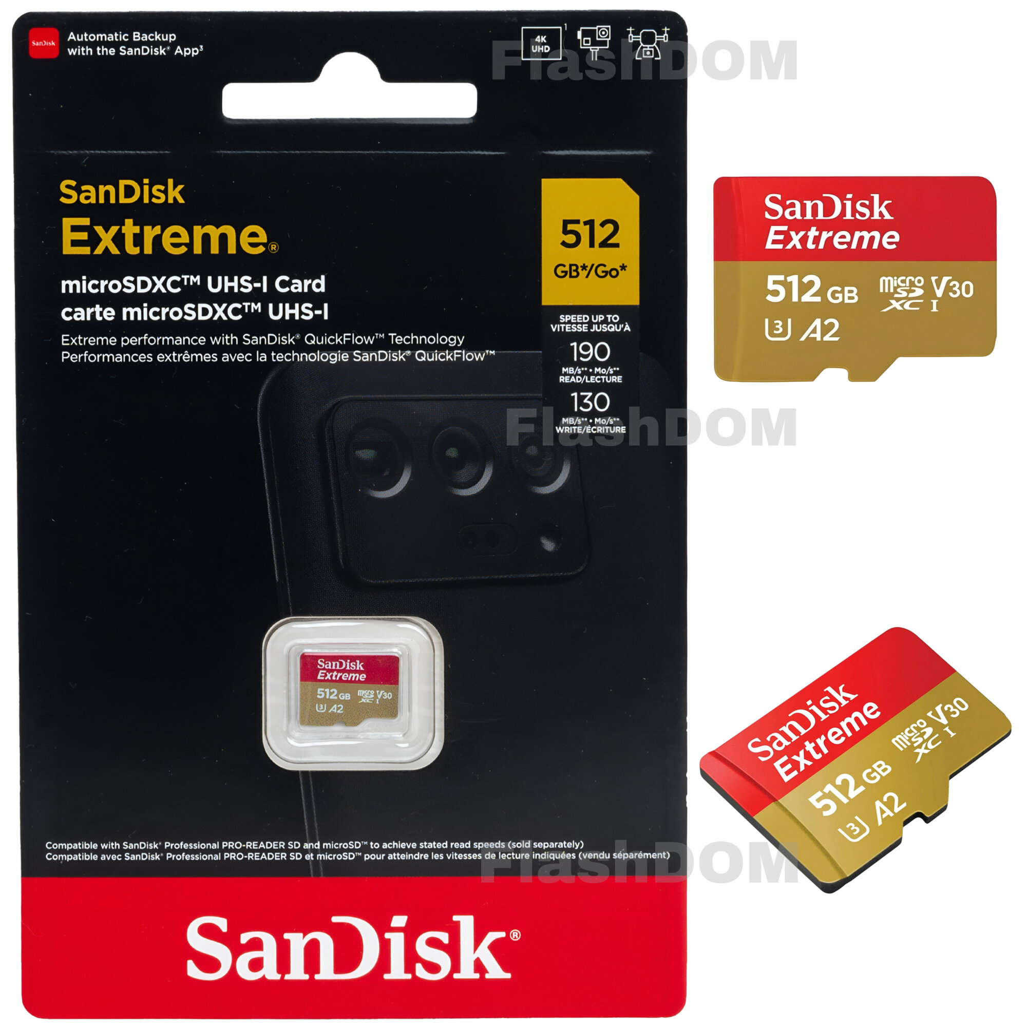 Карта памяти SanDisk Extreme microSDXC 512 ГБ Class 10 UHS-I U3, V30, A2 (R/W 190/130 Mb/s)