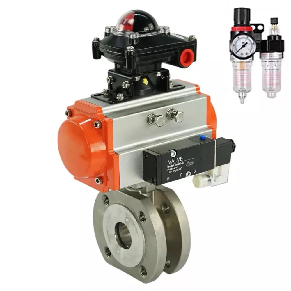 Кран шаровой DN.ru КШмФП.316.200 Ду20 Ру16, межфланцевый, полнопроходной, корпус - нержавеющая сталь 316, PTFE, с пневмоприводом DA-052 двойного действия, пневмораспределителем PND1-S2EM-52-2-T10-220VAC, с БКВ LSB-410-02ExM12-250, с БПВ APU1-10-40-V08