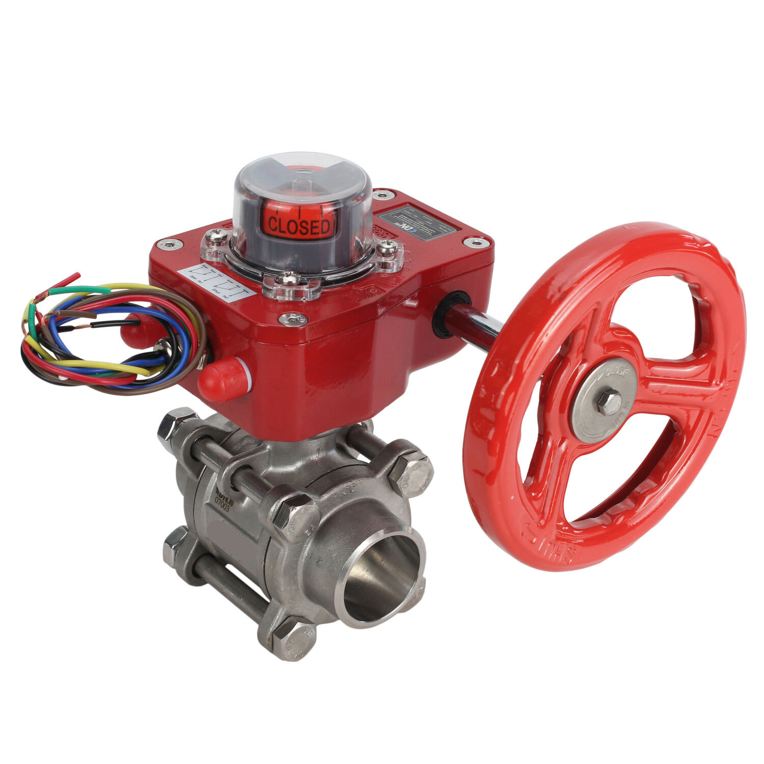 Кран шаровой DN.ru кшпп 316.200-ISO Ду32 Ру63 полнопроходной двухходовой, нержавеющая сталь SS316, под приварку, уплотнение - PTFE, с ISO фланцем и редуктором DN. ru HGBF-1 с индикатором положения и датчиком обратной связи