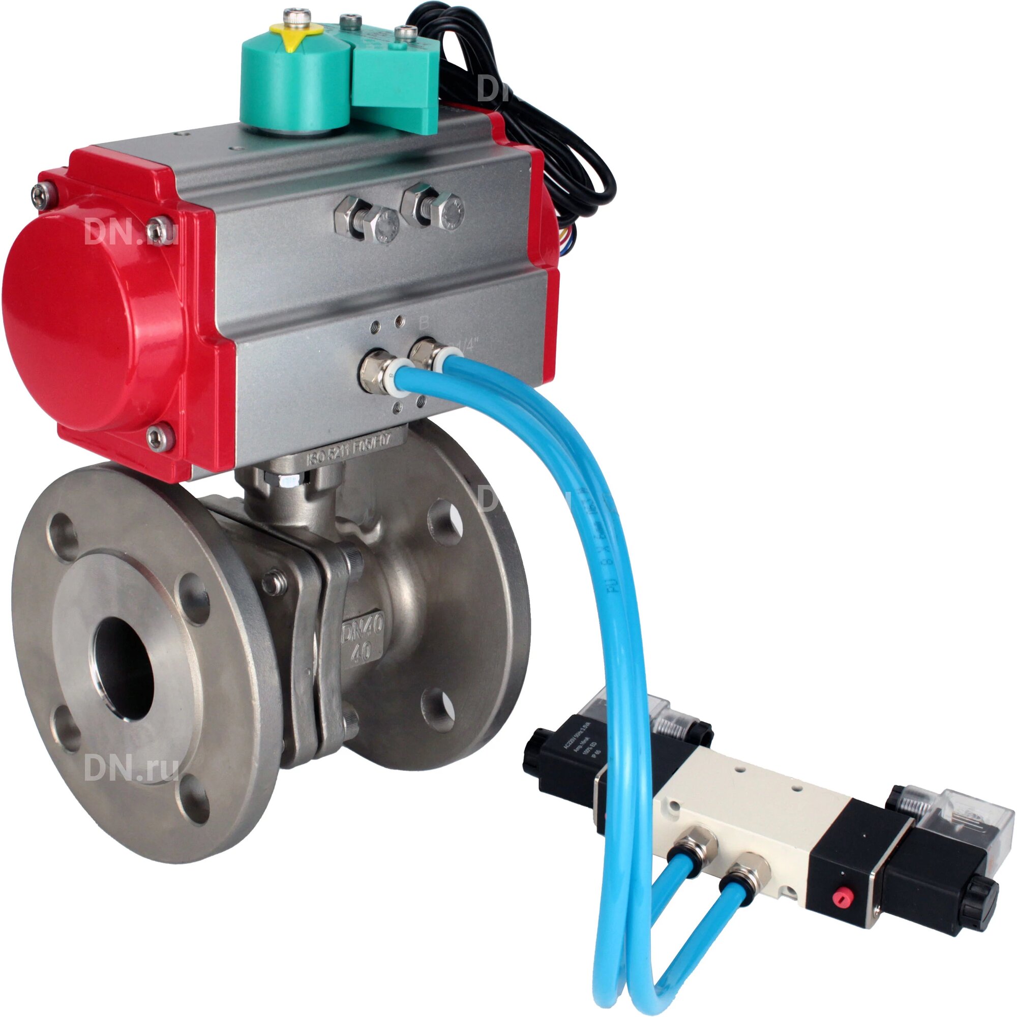 Кран шаровой DN.ru кшфп.316.200 Ду20 Ру40 полнопроходной, фланцевый, корпус - нержавеющая сталь 316, уплотнение - PTFE, с пневмоприводом DA-065, пневмораспределителем PND1-S2EM-52-2-T10-220VAC и магнитным переключателем МППП-200