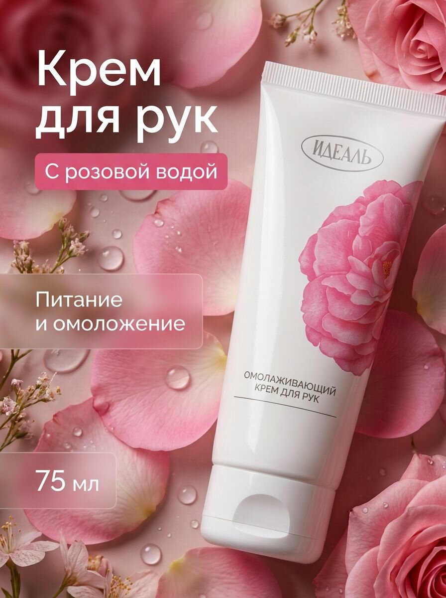 Крем для рук омолаживающий с розовой водой, питательный и увлажняющий, интенсивно восстанавливает кожу, 75 мл
