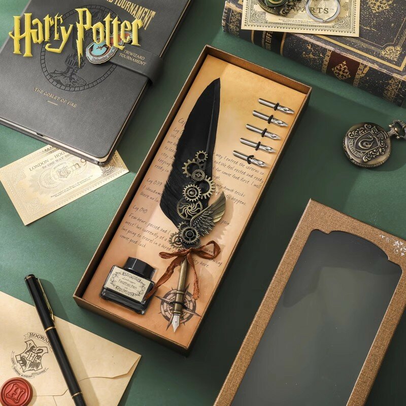 Набор подарочных ручек Magic Academy Retro Mechanical Feather Fountain Pen, набор перьевых ручек в стиле стимпанк с золотыми блестками