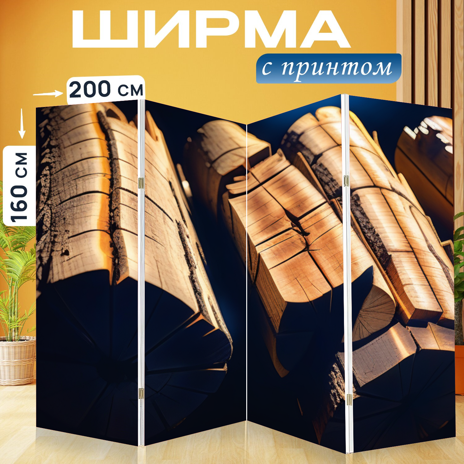 Ширма "Деревянные чурки в ярких огнях" перегородка для зонирования комнаты с принтом 200x160 см. на холсте