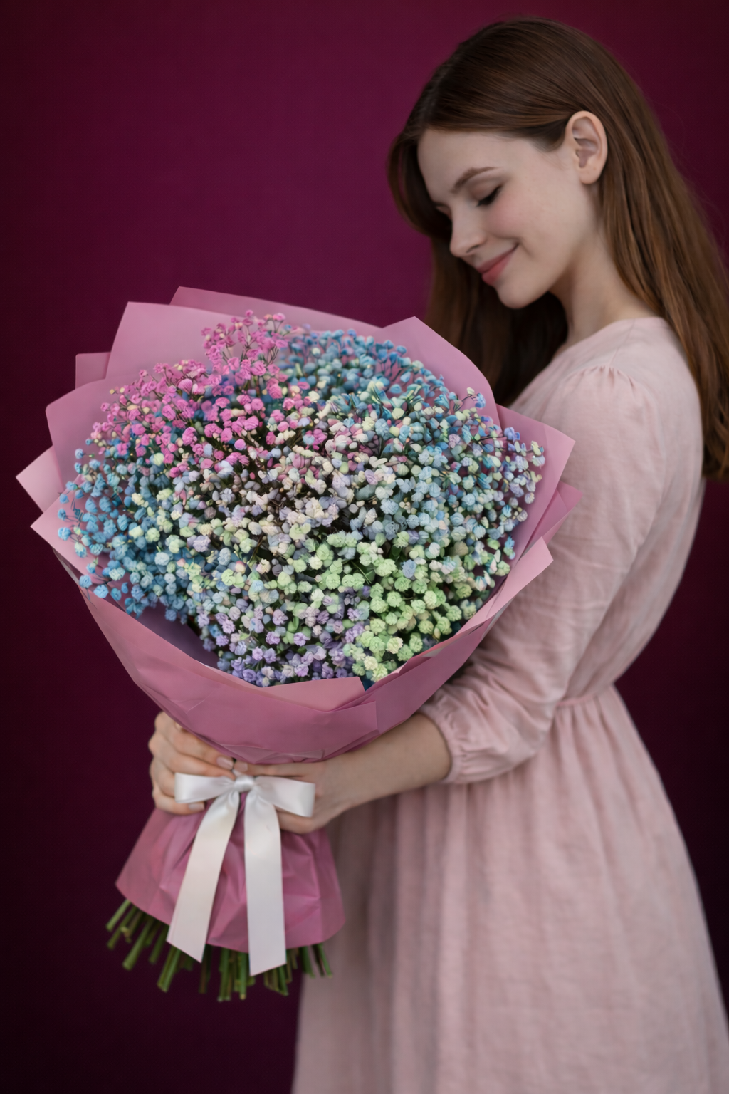 Монобукет Бутон "Радужная Гипсофила", 7 шт, в дизайнерской пленке, диаметр 25 см