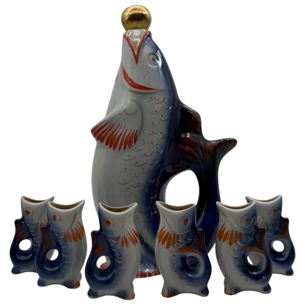 Фарфоровый штоф "Рыба" + 6 стопок (синий - золото), 1970-1980 гг, Полонский ЗХК, СССР