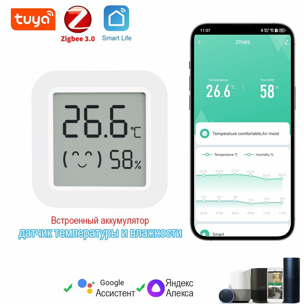 Tuya Zigbee датчик температуры и влажности с дисплеем, мини-термогигрометр для умного дома и домашней теплицы, совместим с Алисой (Яндекс), Алекса (Alexa), Google Assistant