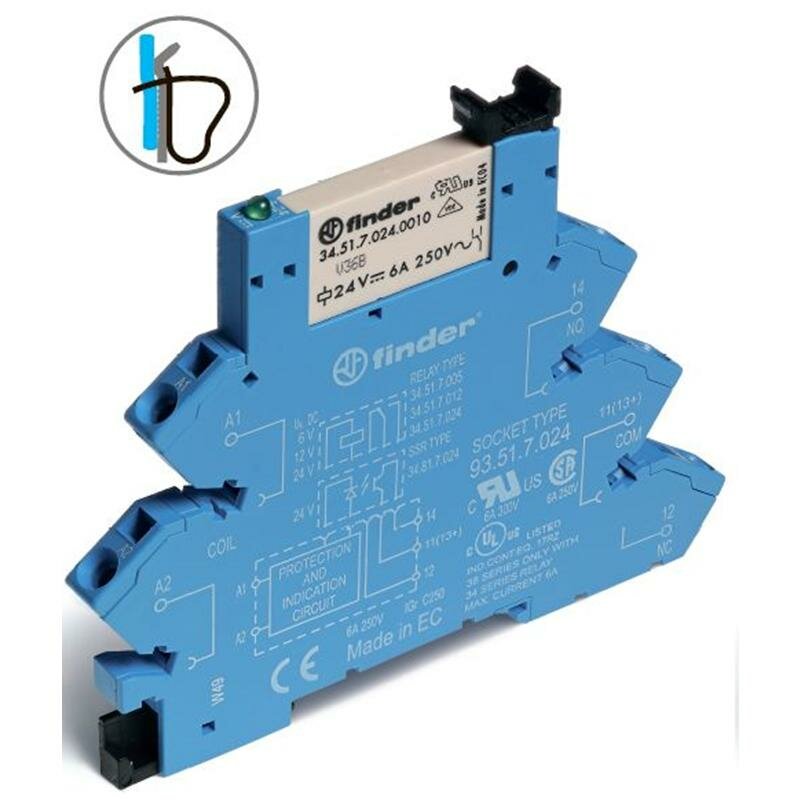 Модуль интерфейсный FINDER электромеханическое реле, 1CO 6A, контакты AgNi, 24В DC, категория защиты IP20, безвинтовые клеммы, пружинный зажим