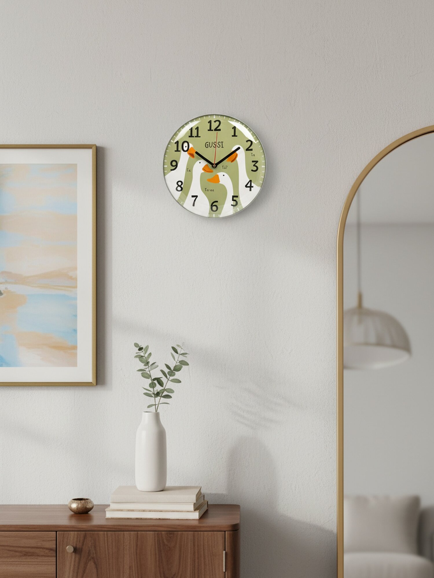 Часы настенные кварцевые Рубин Гуси 2526-102, круглые 25 см, оливковый корпус, интерьерный декор для кухни и дома