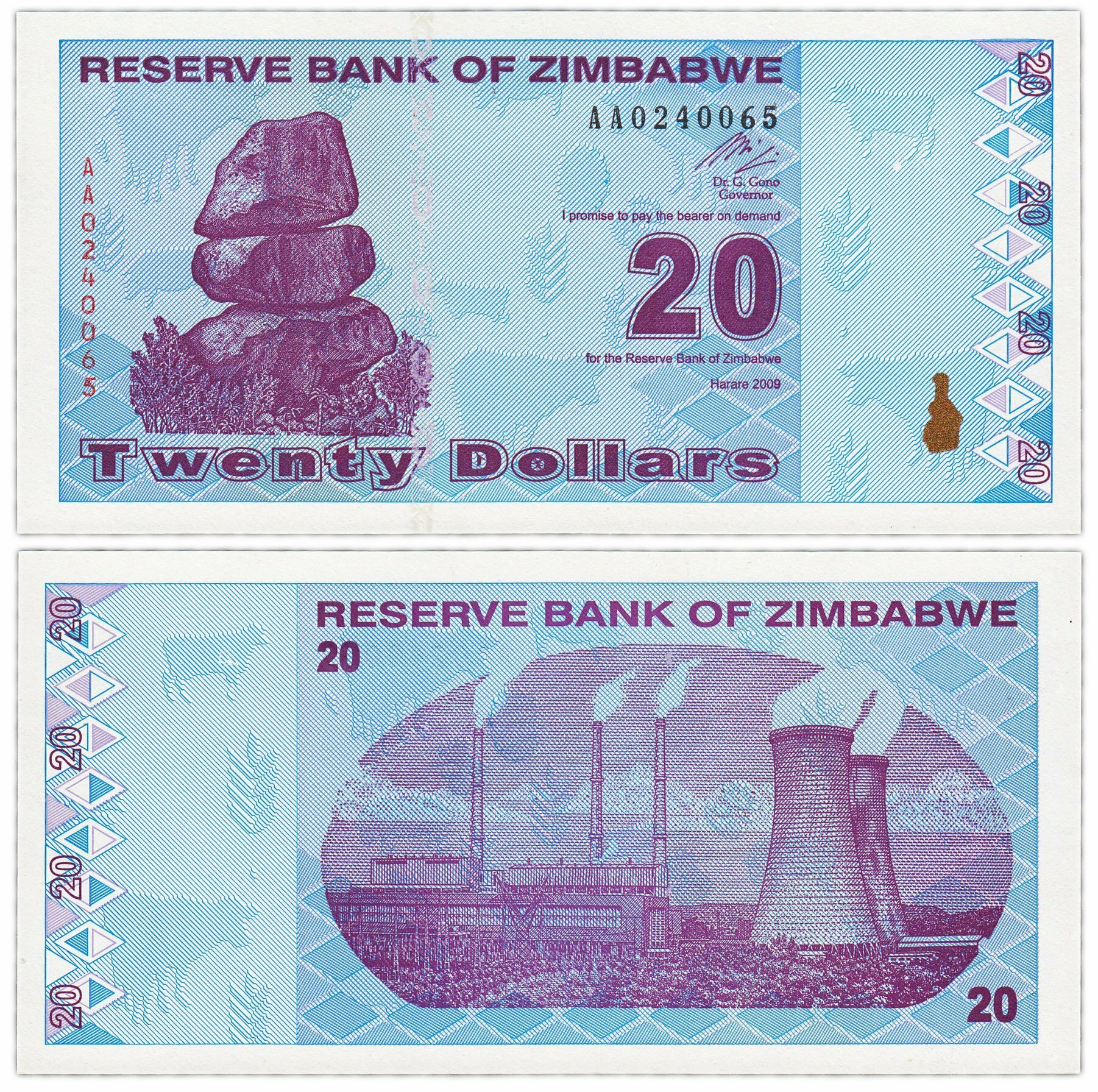 Зимбабве 20 долларов 2009 "Электростанция Хванге" серия АА Pick 95