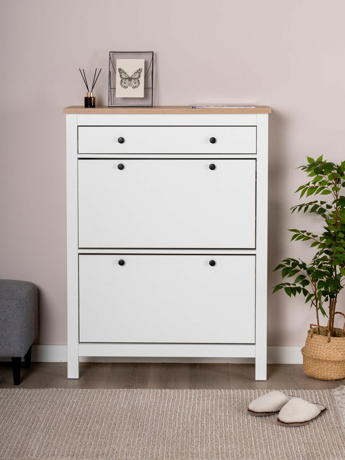 Обувница Сага с 2 откидными ящиками 92х122 белая-ясень, ГУД лакк