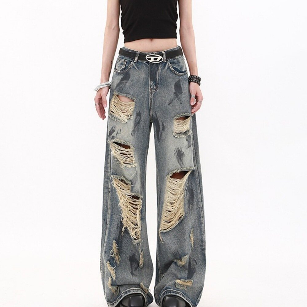 LI Mall Джинсы женские летние спорты тай-дай рваные широкие штаны деним