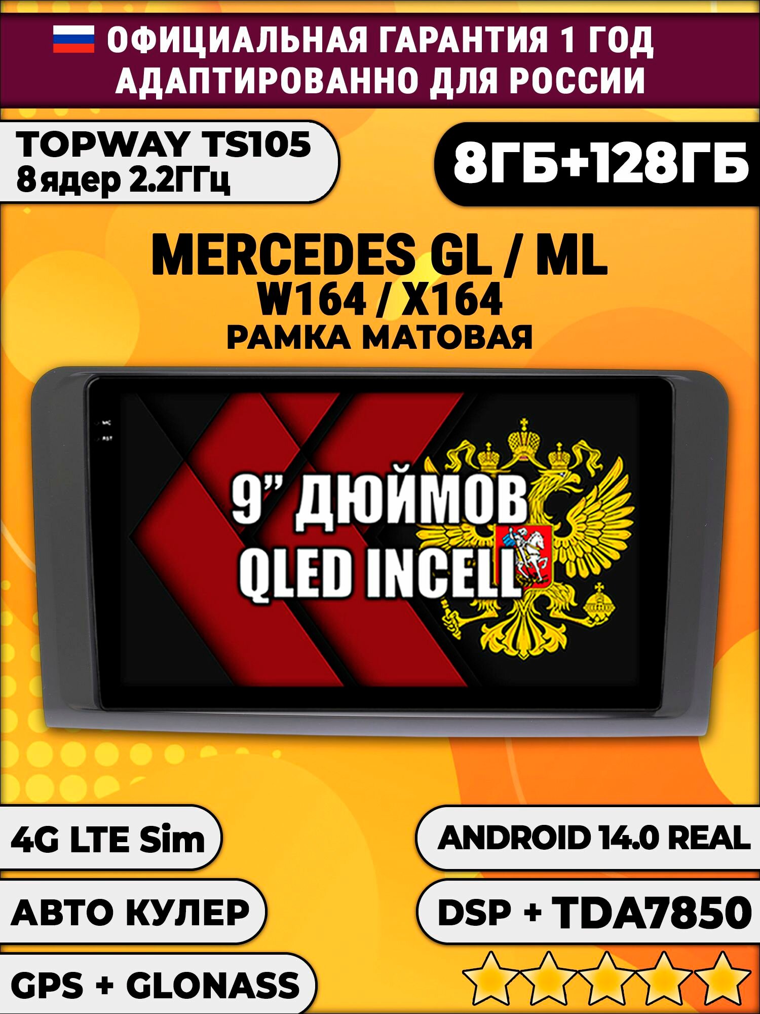 TS105, память 8/128гб для MERCEDES BENZ W164 X164 (GL/ML), Android магнитола - Рамка черная матовая