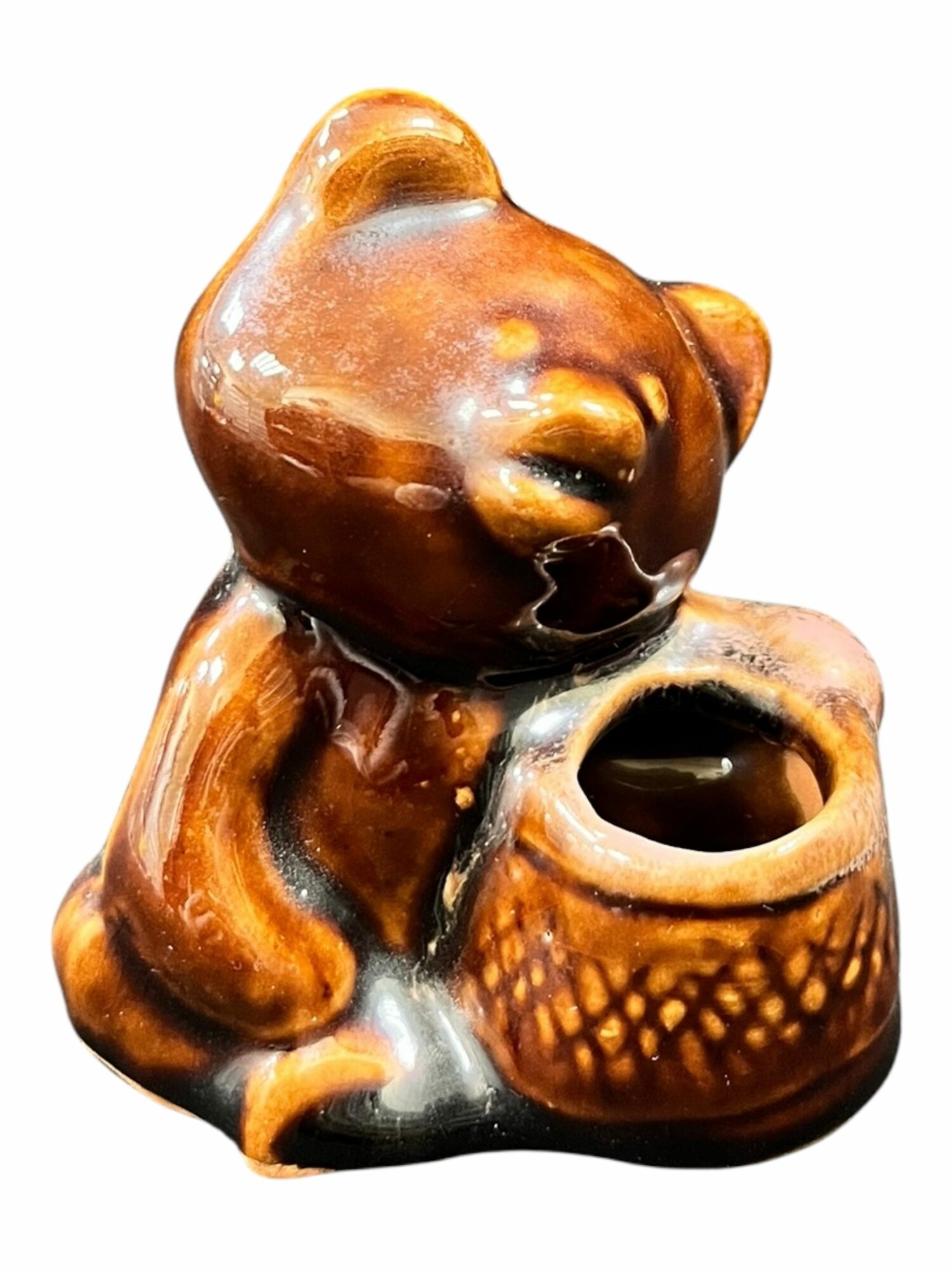 Советская винтажная статуэтка подсвечник, Медведь с горшочком, обливная керамика, майолика, сделано в СССР