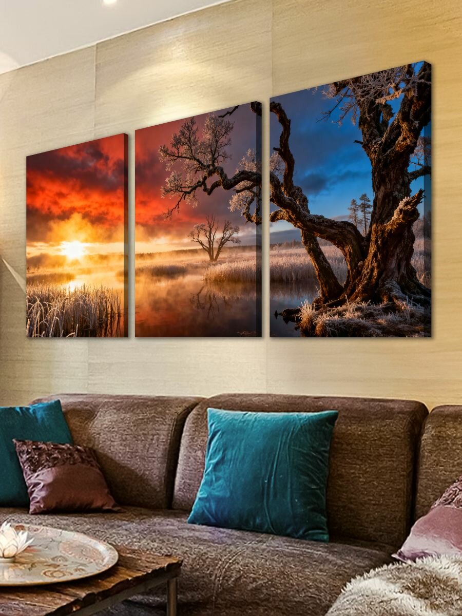 Картина на стену модульная "Рассвет на морозе", 150 см х 70 см