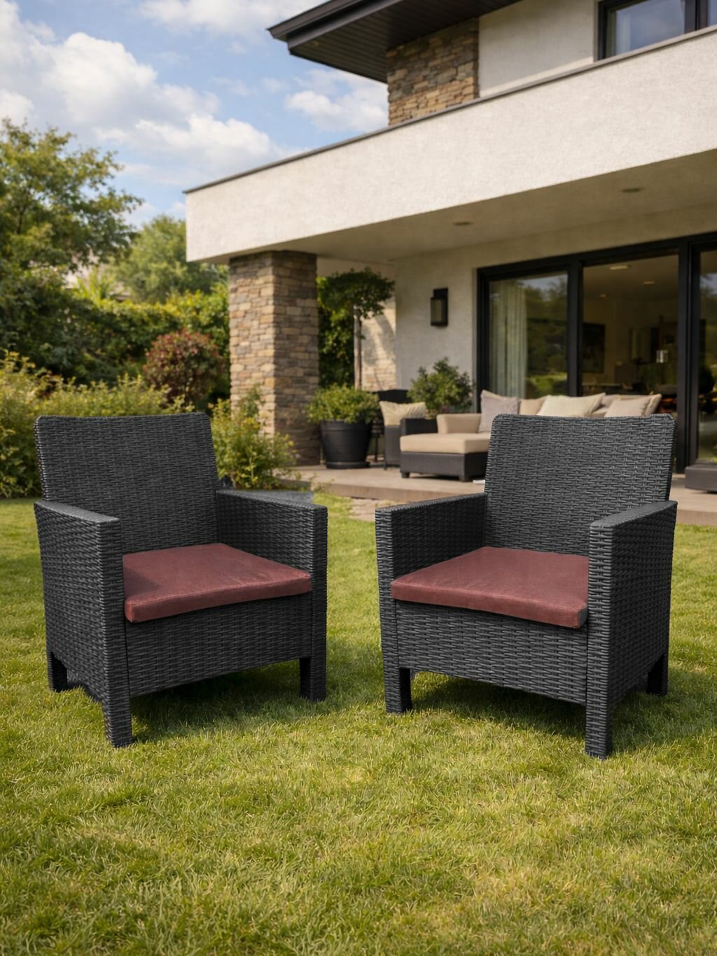 Комплект садовых кресел 2шт, под ротанг, графит , с коричневой подушкой