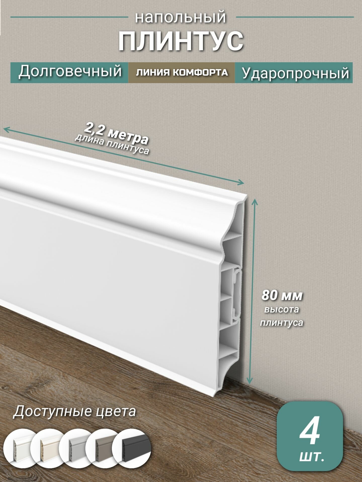 Плинтус Ideal, ПВХ, матовый, влагостойкий, ударопрочный, с кабель-каналом, 2,2 м, фигурный, Белый - 4 шт.
