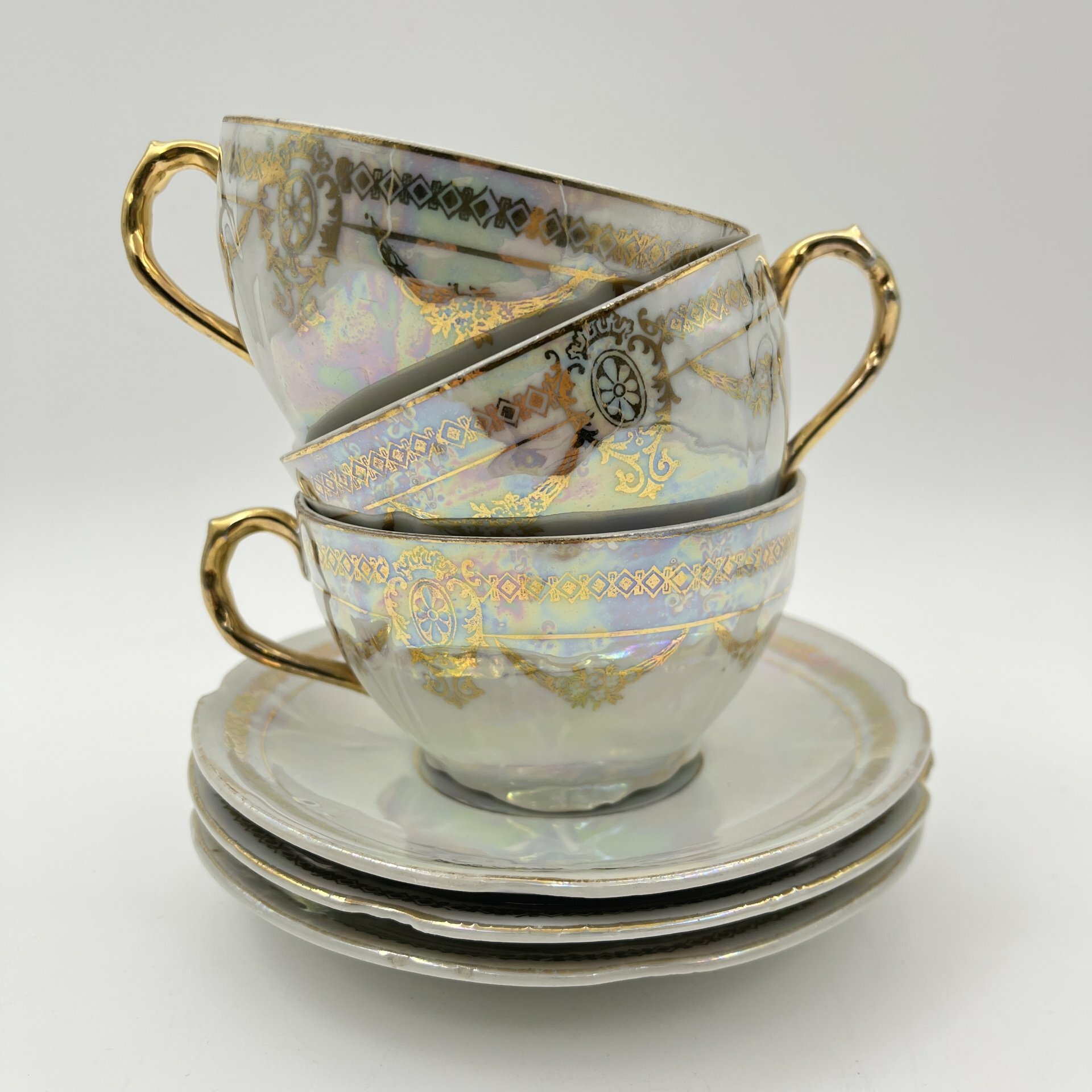 Набор чайных пар с цветочным и геометрическим декором на 3 персоны, фарфор, люстр