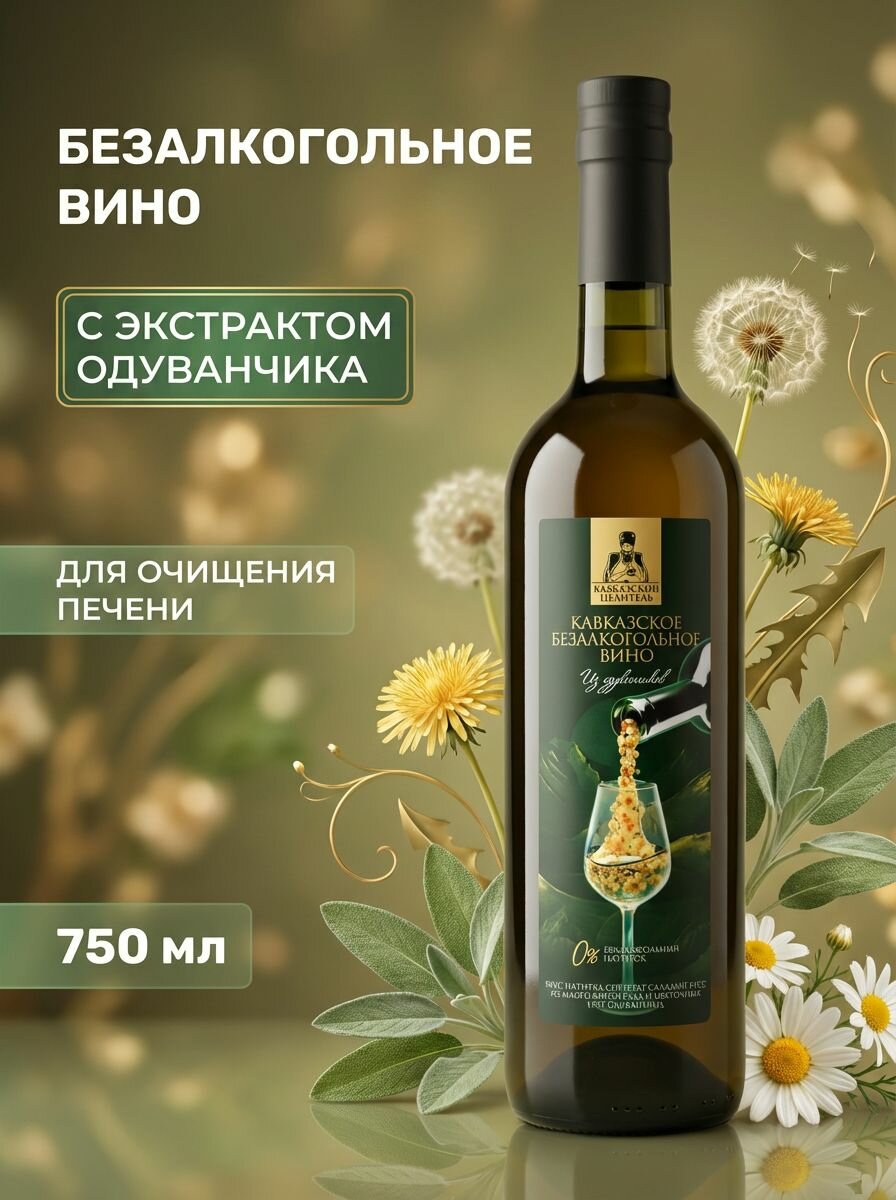 Кавказское безалкогольное вино из одуванчиков с белым виноградом и кавказскими травами, 750 мл