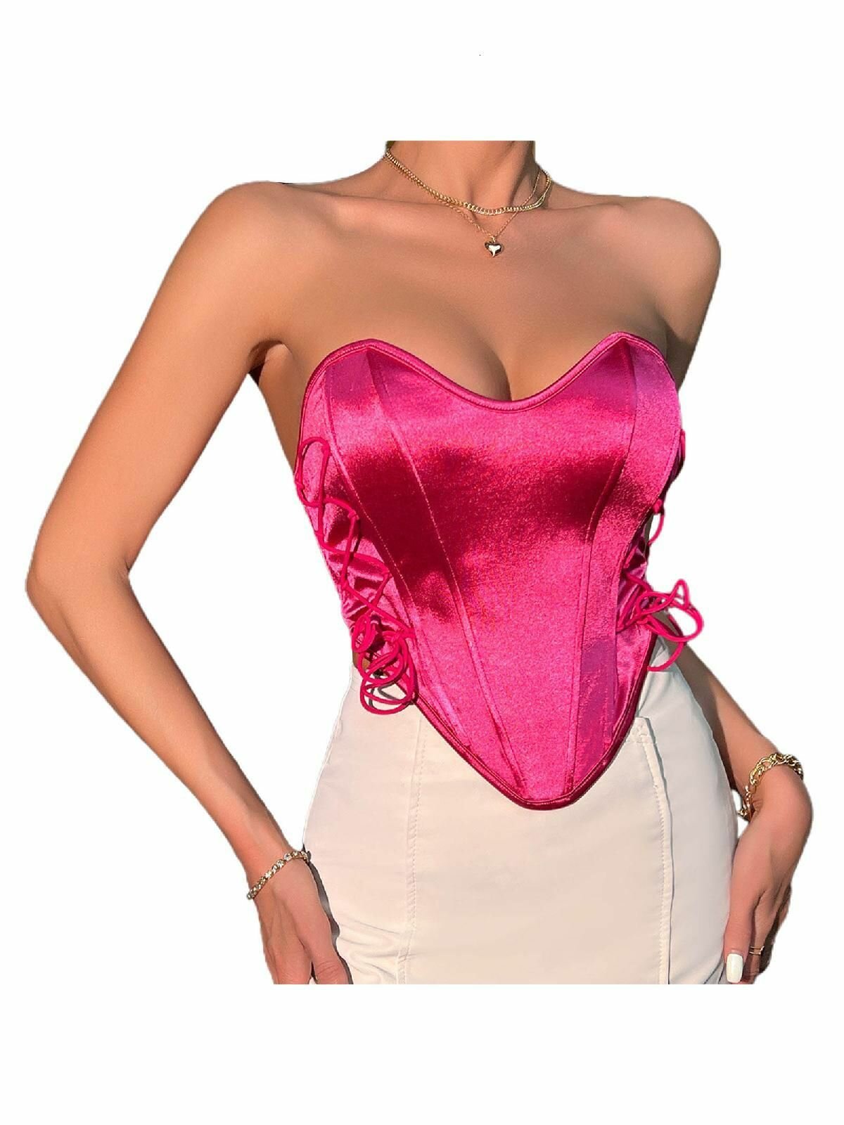 Женский корсет-бюстье с косточками и шнуровкой, Розово-красный - XS